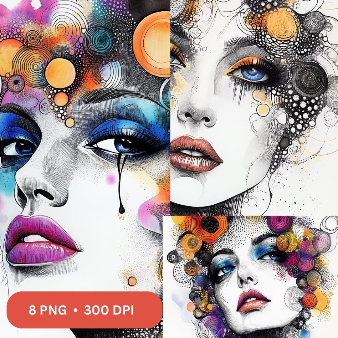 Female Face Line Art - Radiant Colours PNG Clipart Bundle (digital ...
