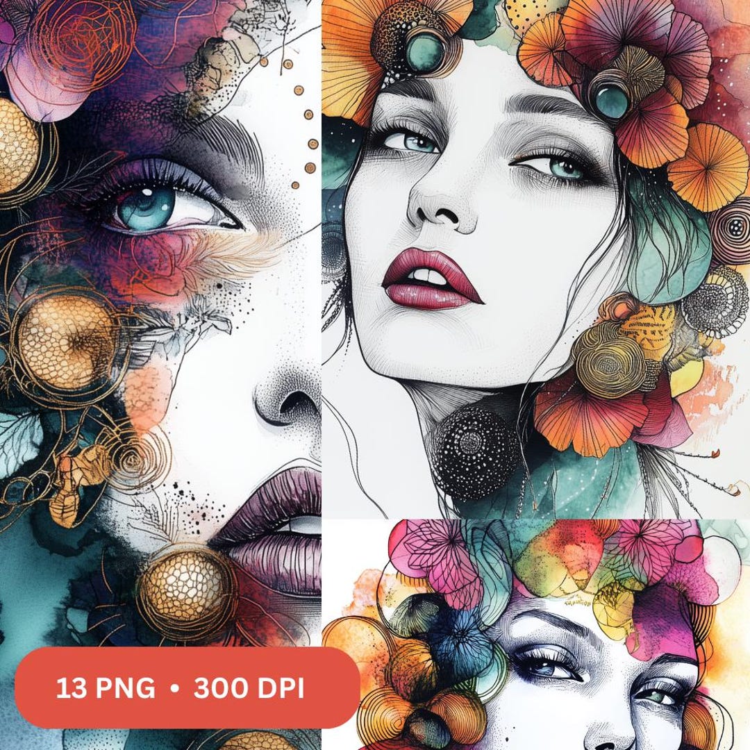 Female Face Line Art - Earth Tones PNG Clipart Bundle (digital Download ...