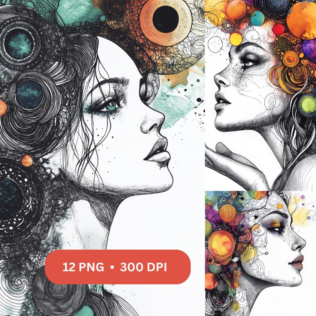Female Face Line Art - Bright Neon PNG Clipart Bundle (digital Download ...