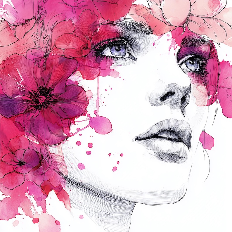 Lady in Pink - Female Face Line Art PNG Bundle Clipart (digital ...