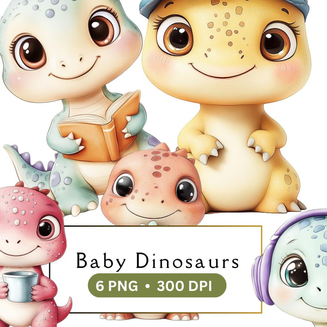 6 Clipart Cute Colourful Dinosaurs PNG Bundle, Baby Dinosaurs With Hats ...