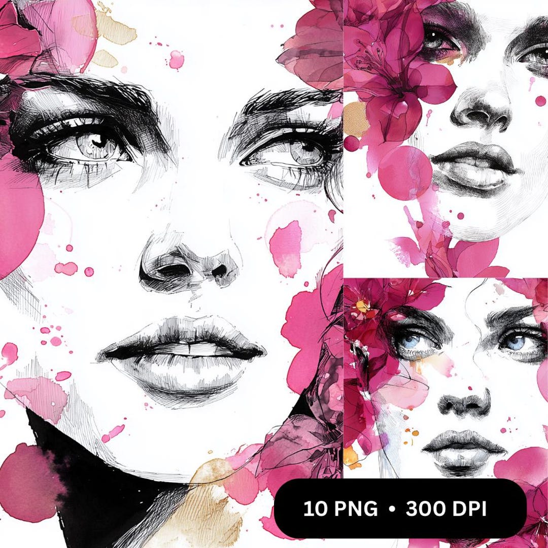 Lady in Pink - Female Face Line Art PNG Bundle Clipart (digital ...