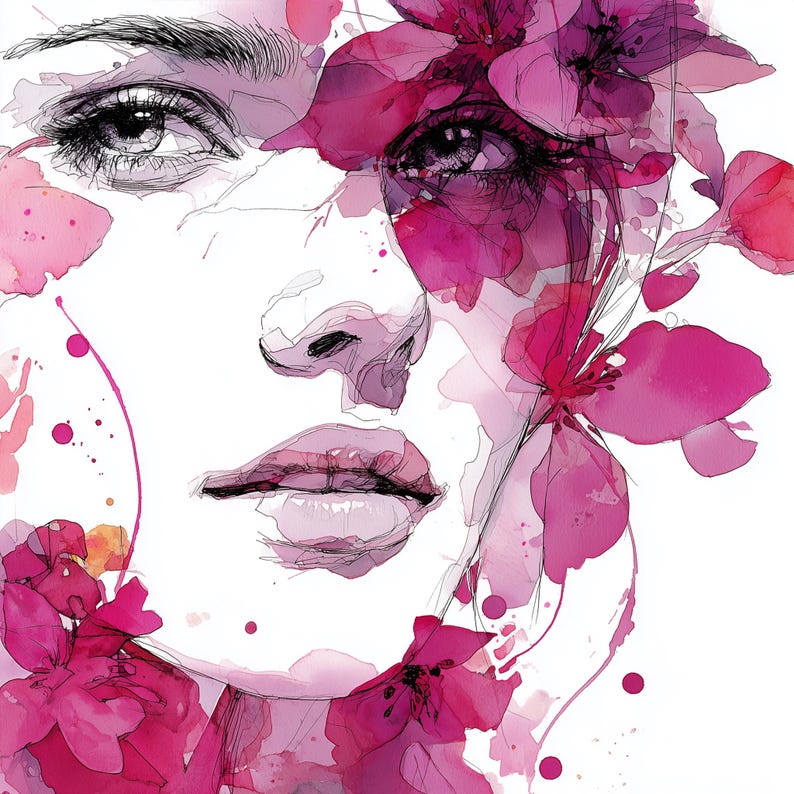 Lady in Pink - Female Face Line Art PNG Bundle Clipart (digital ...