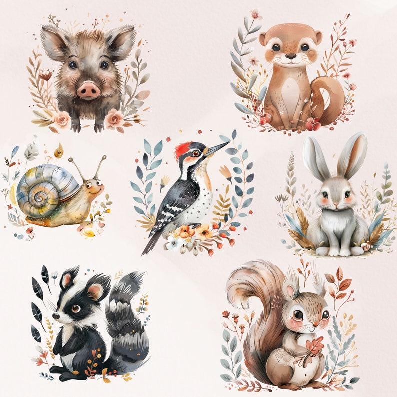 Boho Woodland Animals Clipart, Cute Woodland Animals, Watercolor ...