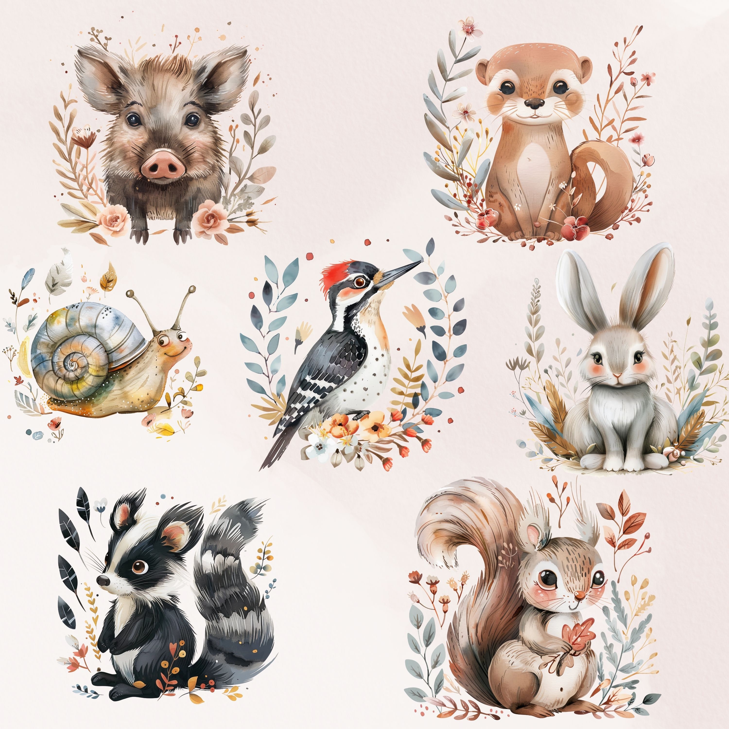 Boho Woodland Animals Clipart, Cute Woodland Animals, Watercolor ...