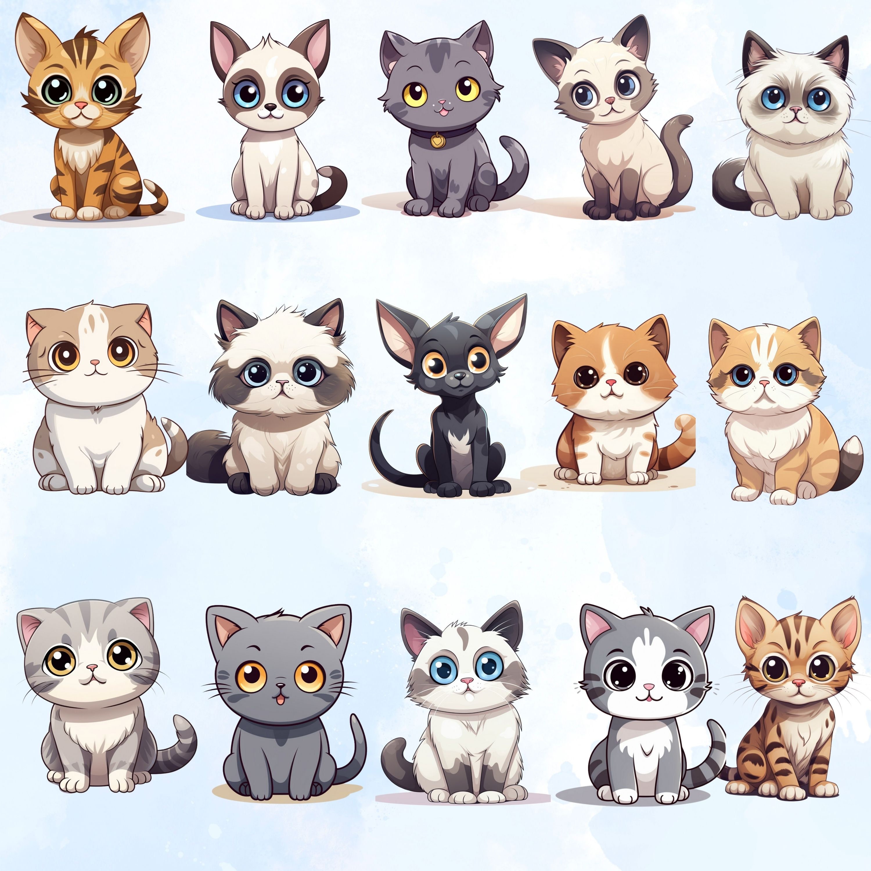 Cute Kawaii Cat Clipart Bundle, Cute Cat Breeds, Black Cat, Watercolor ...