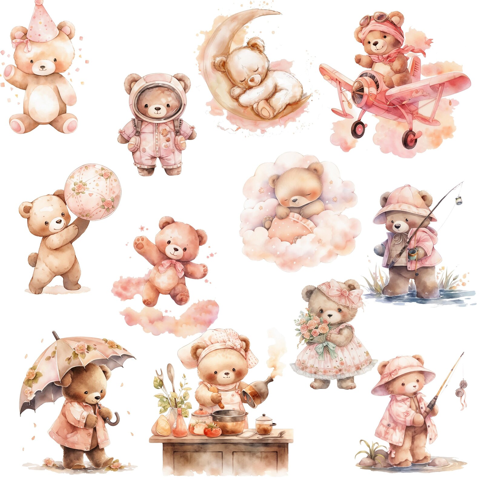 Pink Baby Bear Watercolor Clipart: Boho Bear PNG (digital Download) - Etsy