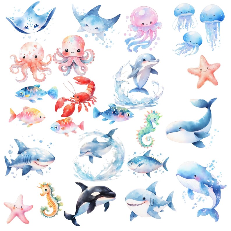 Meer Leben Clipart, Aquarell unter dem Meer Clipart, süße Ozean Tiere ...