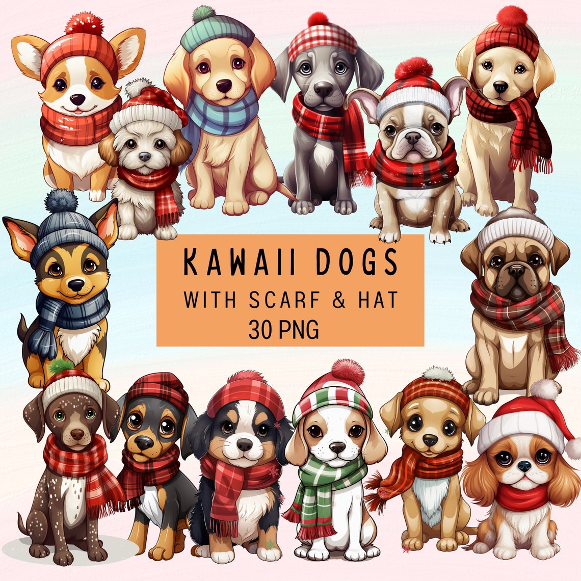 Kawaii Dog Clipart, Cute Puppy With Scarf and Hat, Cute Cartoon Winter ...