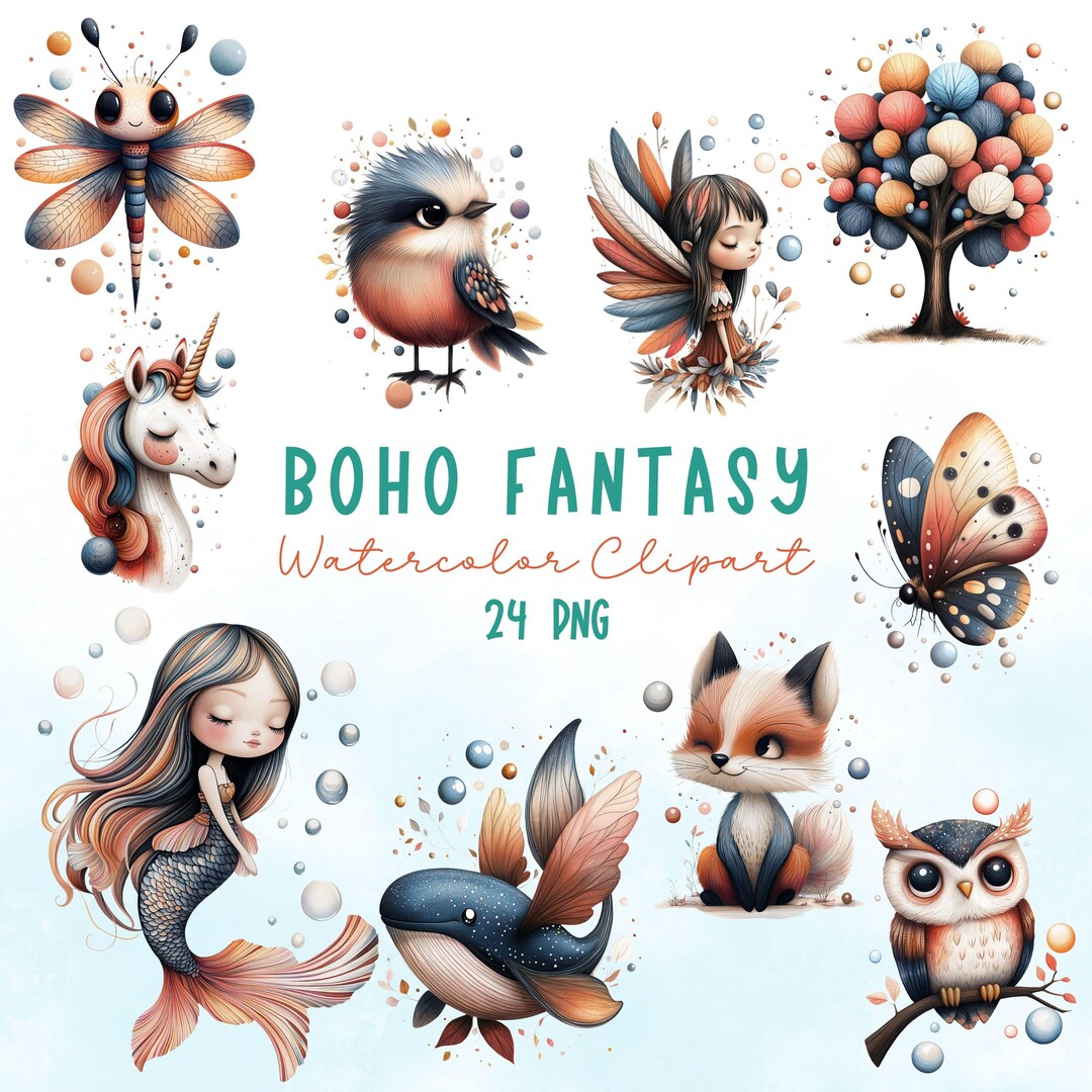 Watercolor Boho Animal Clipart: Fantasy PNG Set (24 Files) - Etsy