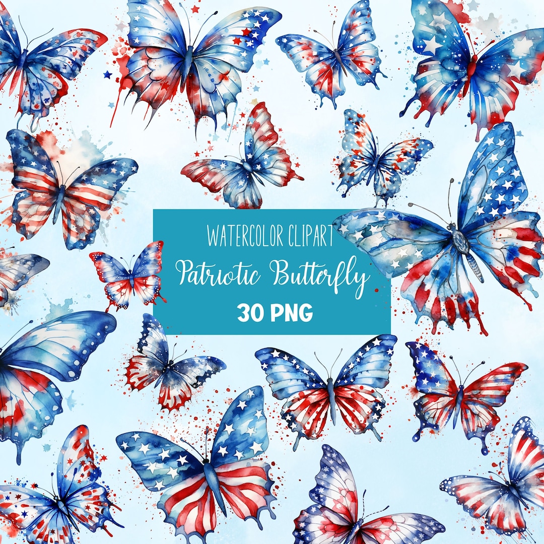 Patriotic Butterfly Clipart: American Flag Watercolor PNG (digital ...
