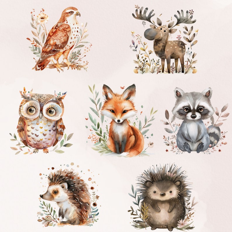 Boho Woodland Animals Clipart, Cute Woodland Animals, Watercolor ...