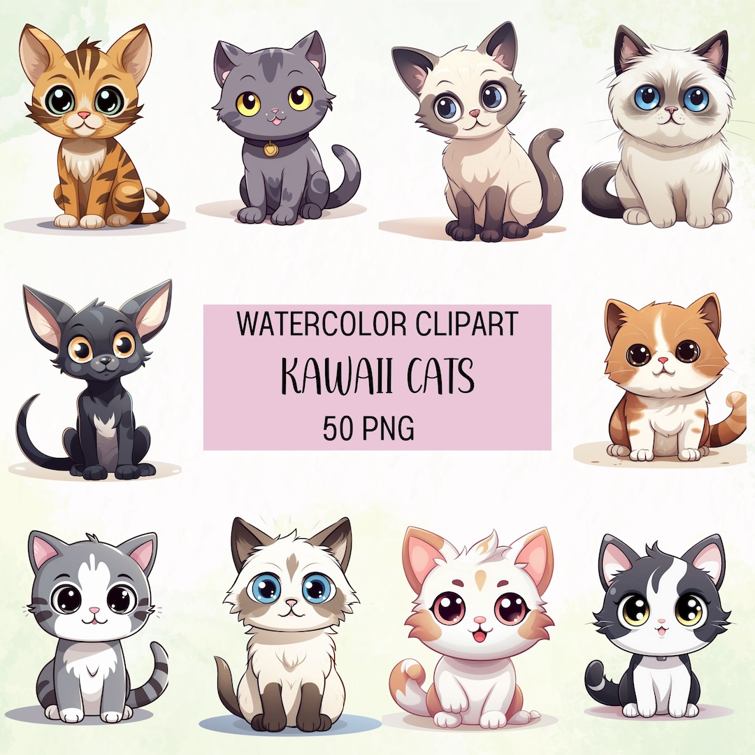 Cute Kawaii Cat Clipart Bundle, Cute Cat Breeds, Black Cat, Watercolor ...