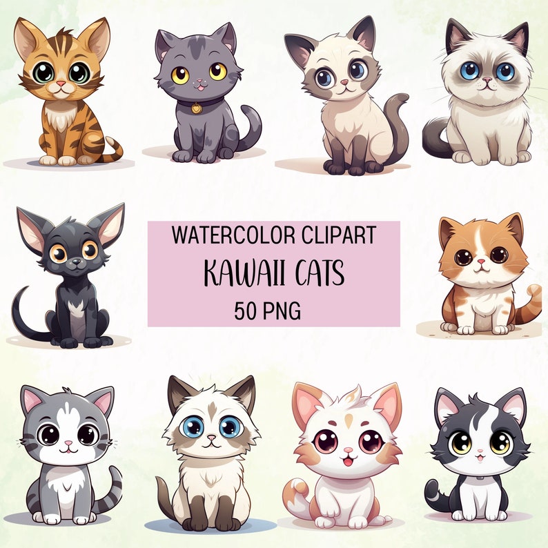 Cute Kawaii Cat Clipart Bundle, Cute Cat Breeds, Black Cat, Watercolor ...