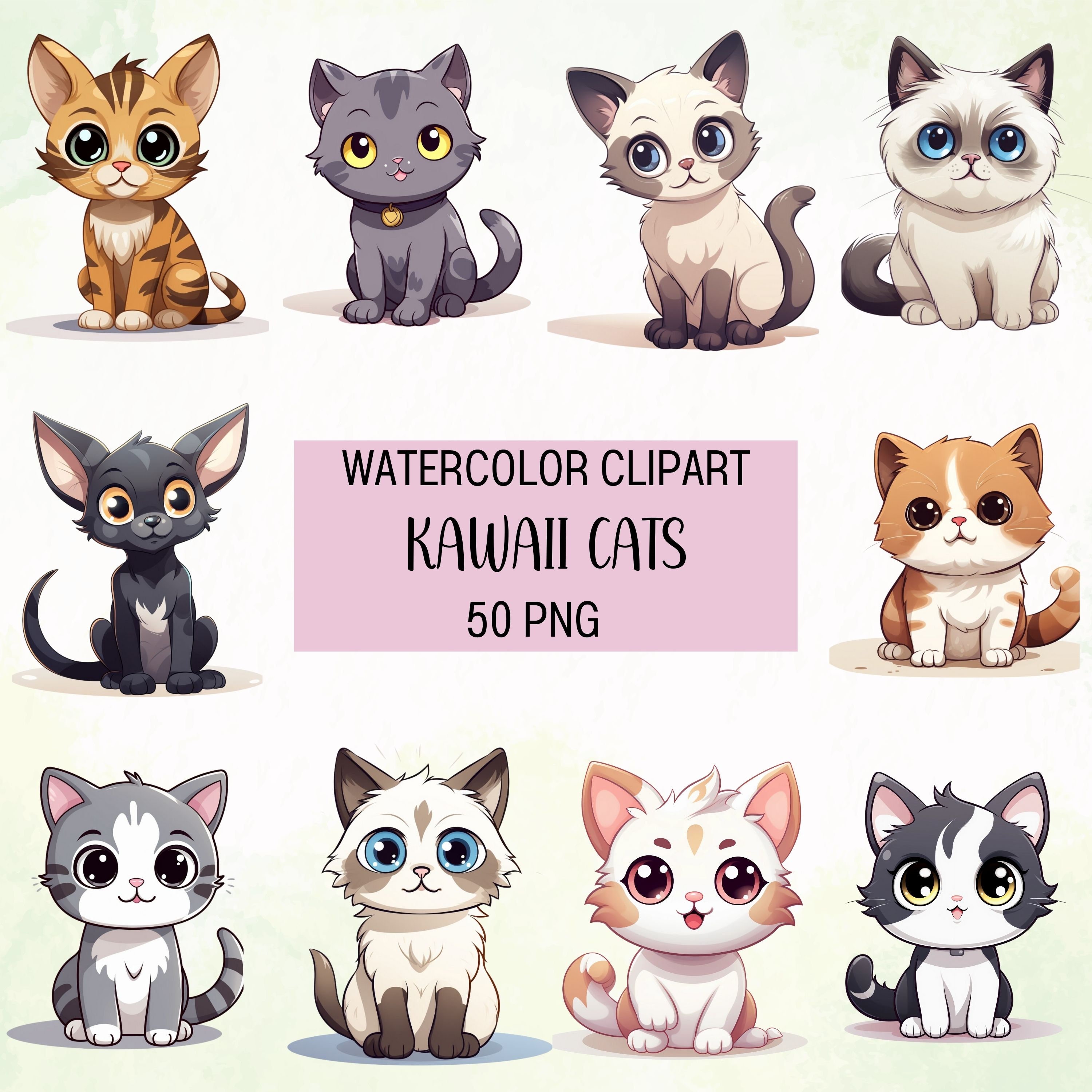 Cute Kawaii Cat Clipart Bundle, Cute Cat Breeds, Black Cat, Watercolor ...