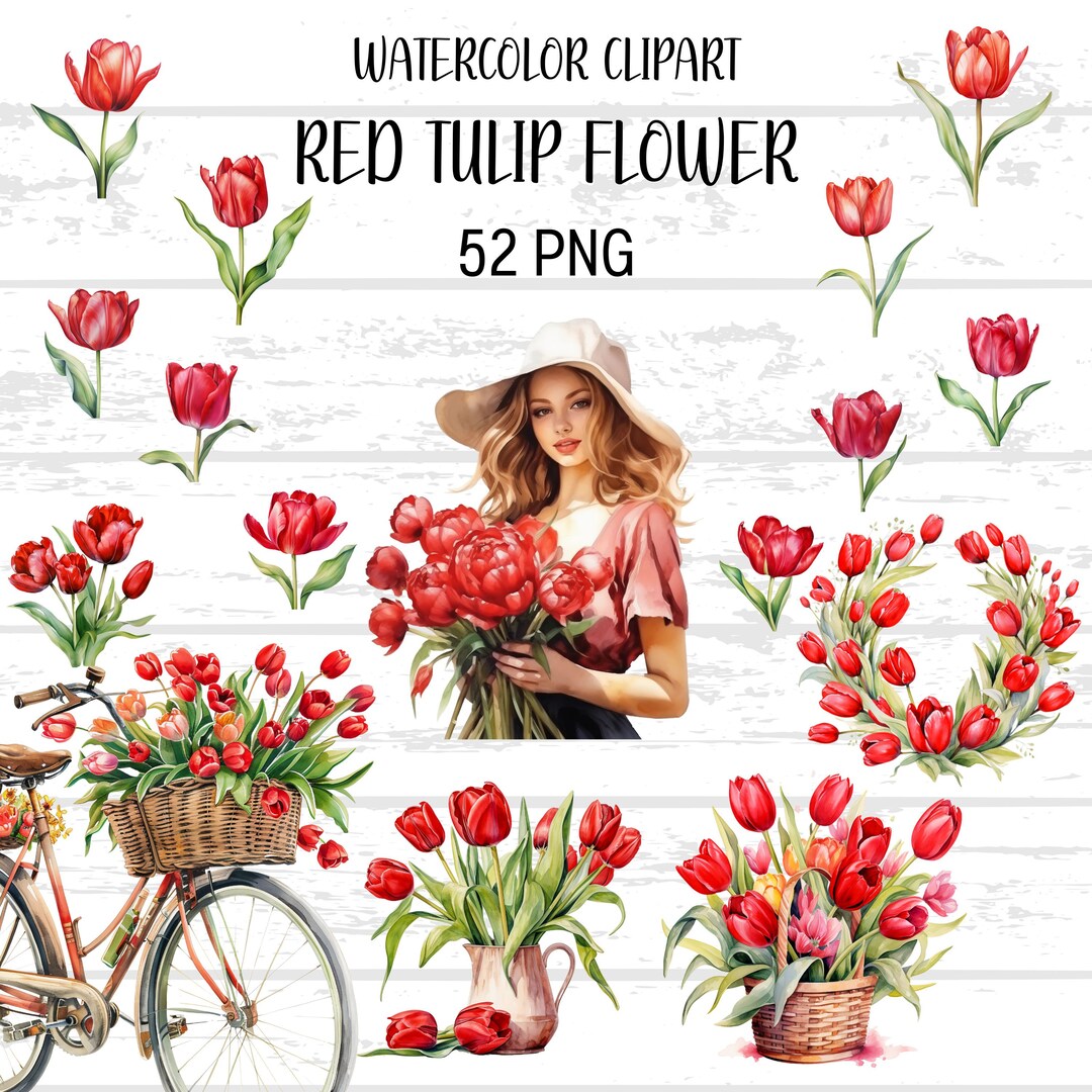 Watercolor Red Tulips Clipart, Red Tulip Clipart Bundle, Tulip Flower ...