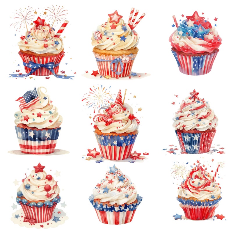 Patriotic Cupcake Clipart, 4th July Cupcakes Clipart Bundle, Red White ...