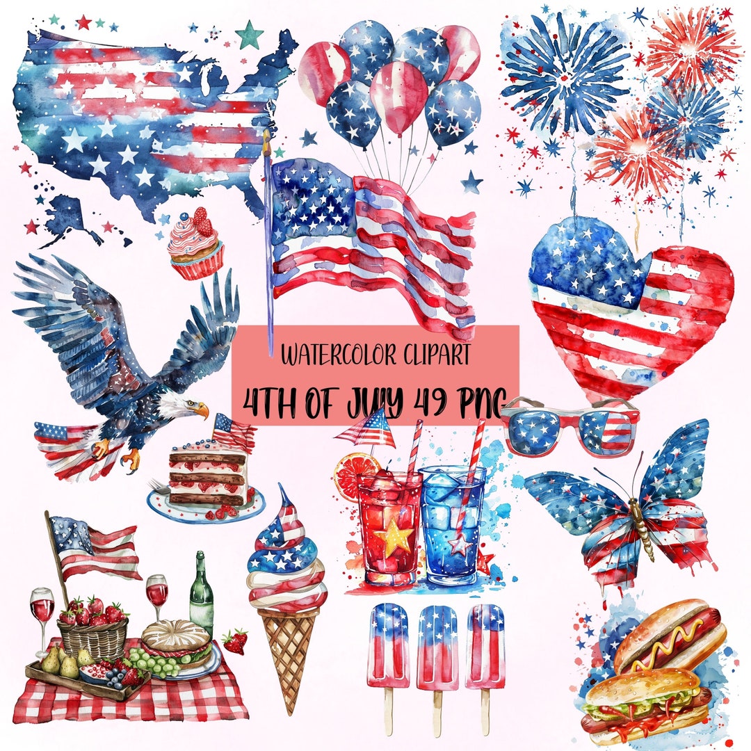 4th of July Clipart Bundle, Independence Day, Patriotic Watercolor ...