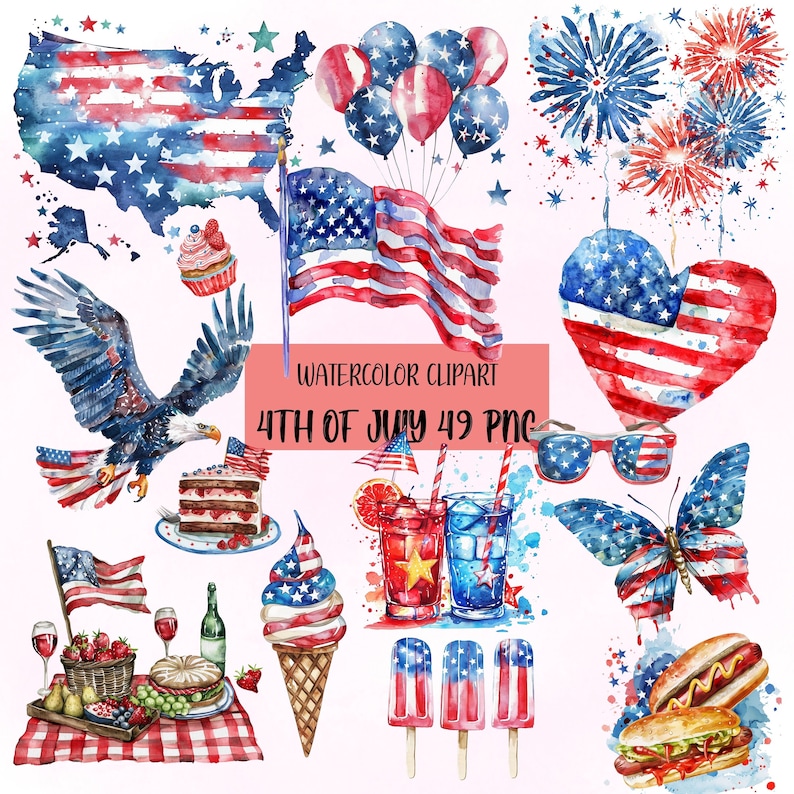 4th of July Clipart Bundle, Independence Day, Patriotic Watercolor ...