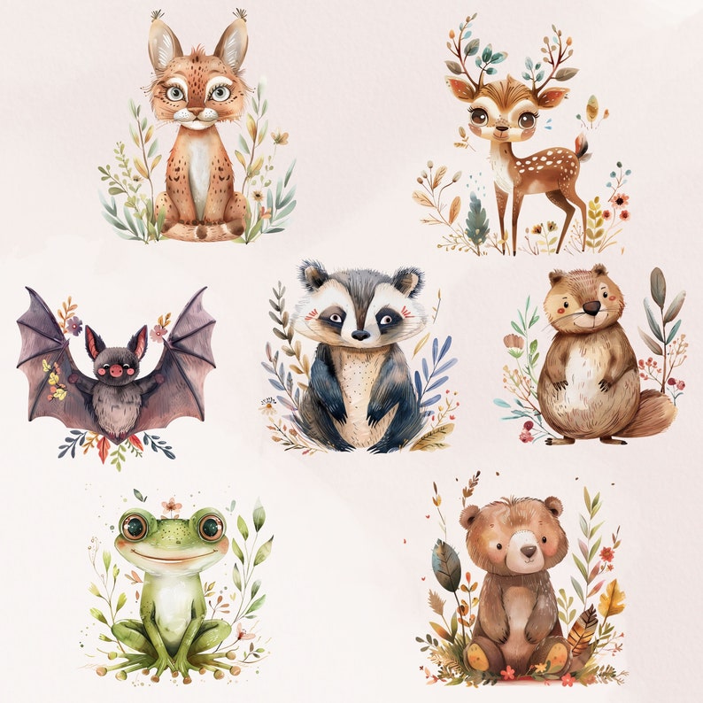 Boho Woodland Animals Clipart, Cute Woodland Animals, Watercolor ...