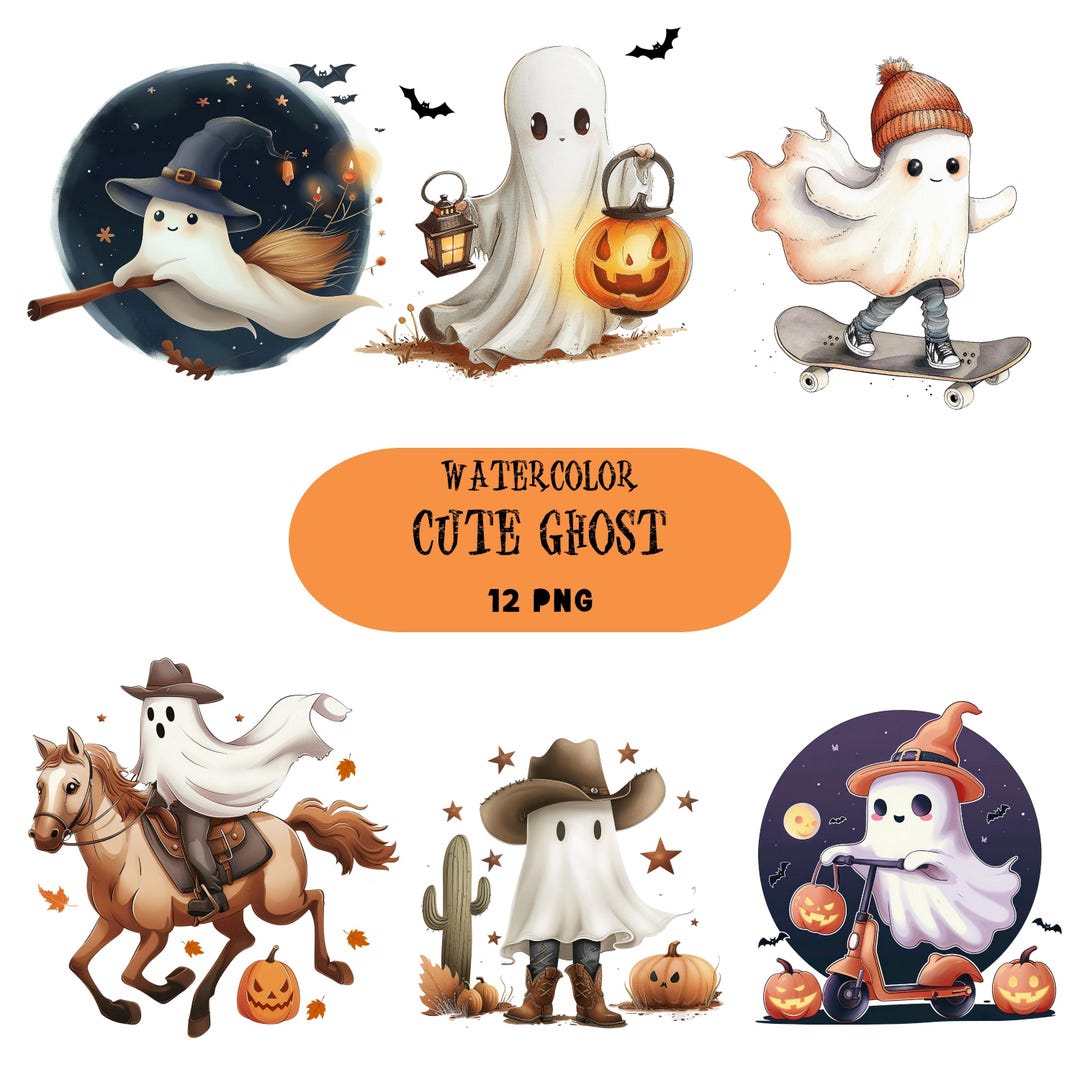 Watercolor Halloween Ghost Clipart, Cute Ghost Png, Spooky Halloween ...