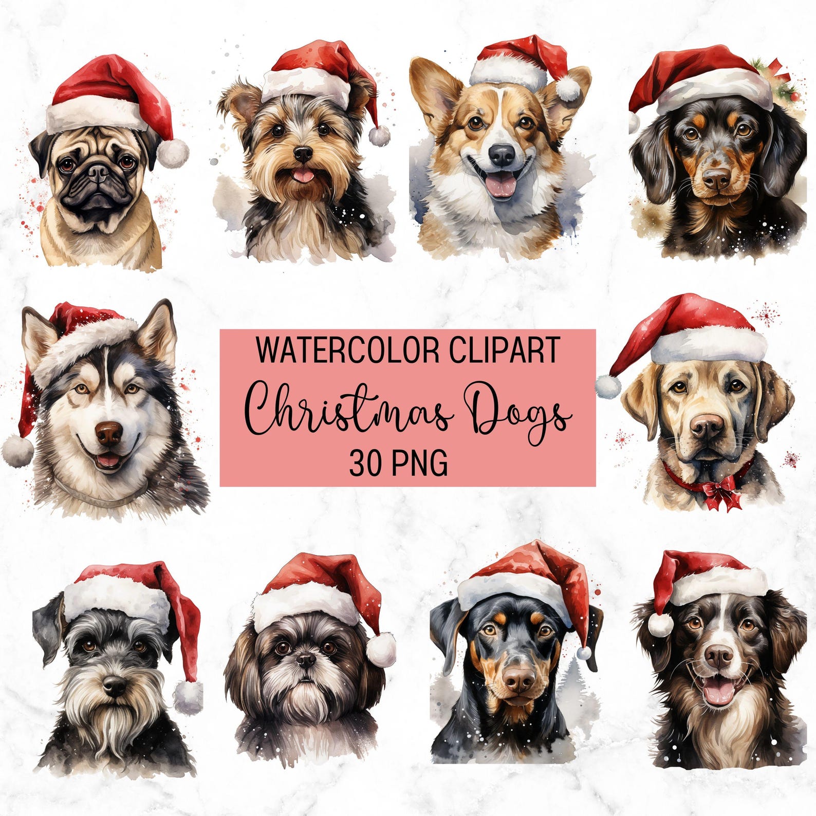 Watercolor Christmas Dogs Clipart: Santa Hat Dog Breeds (PNG Digital ...