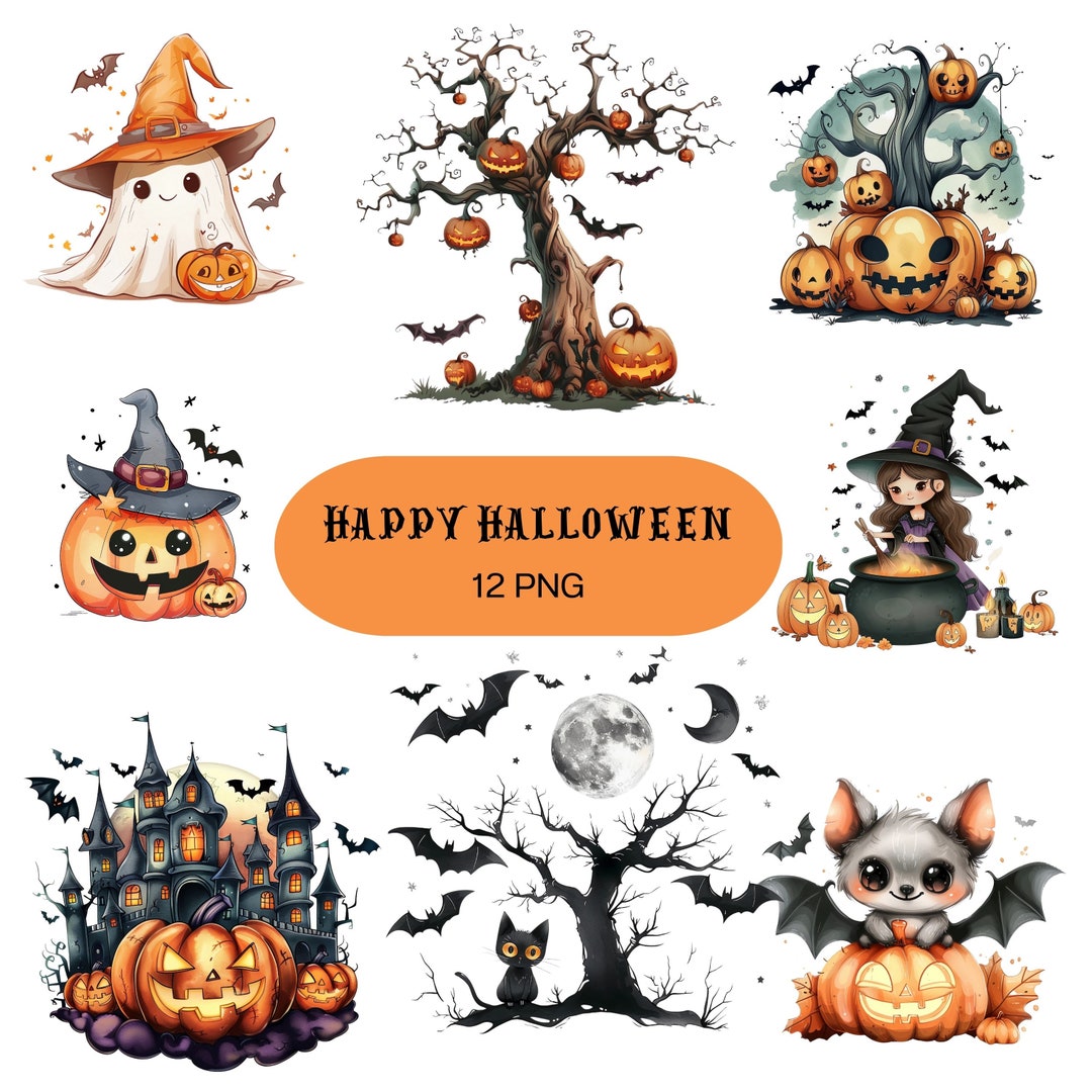 Watercolor Halloween Clipart, Spooky Ghost, Bat, Pumpkin (PNG) - Etsy