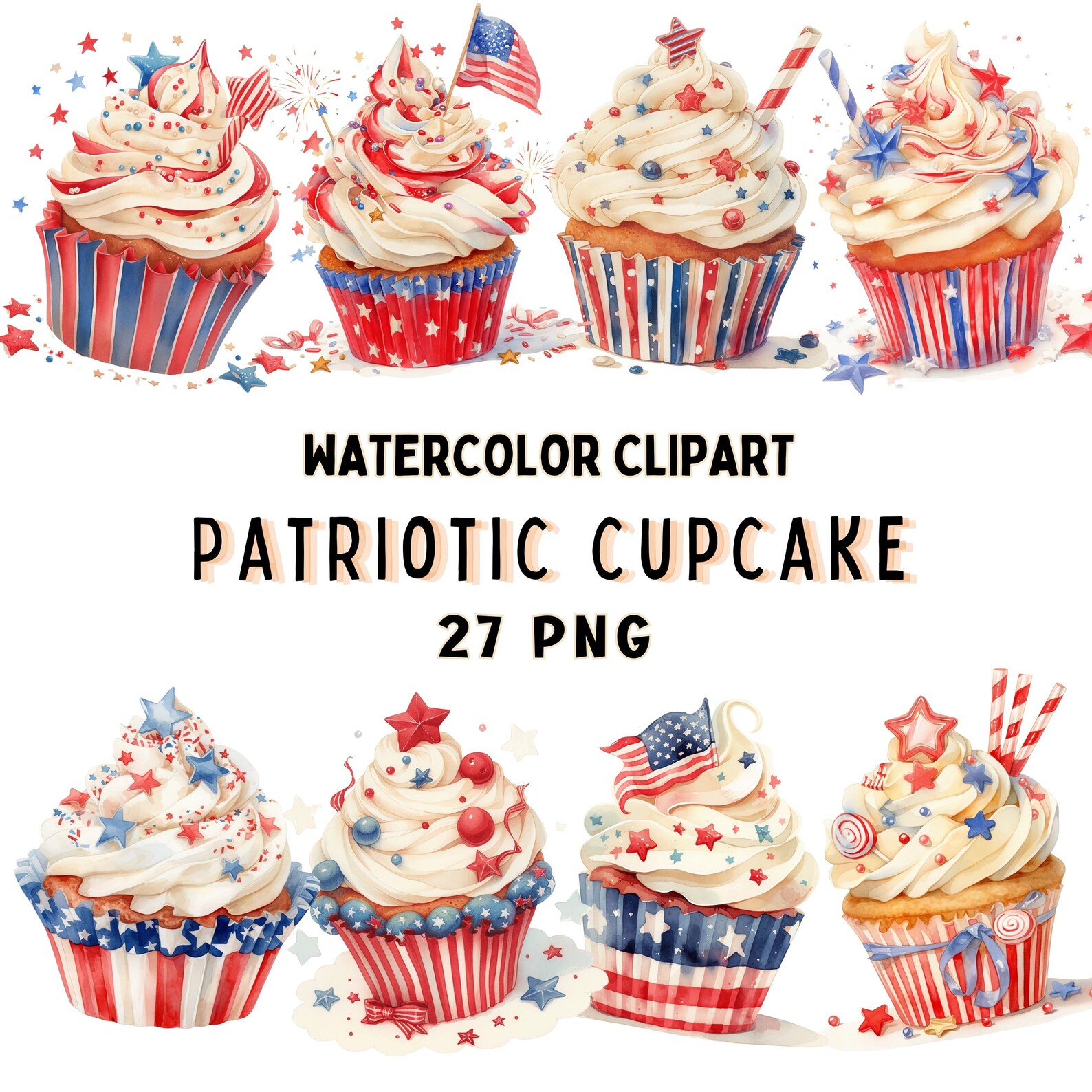 Patriotic Cupcake Clipart, 4th July Cupcakes Clipart Bundle, Red White ...