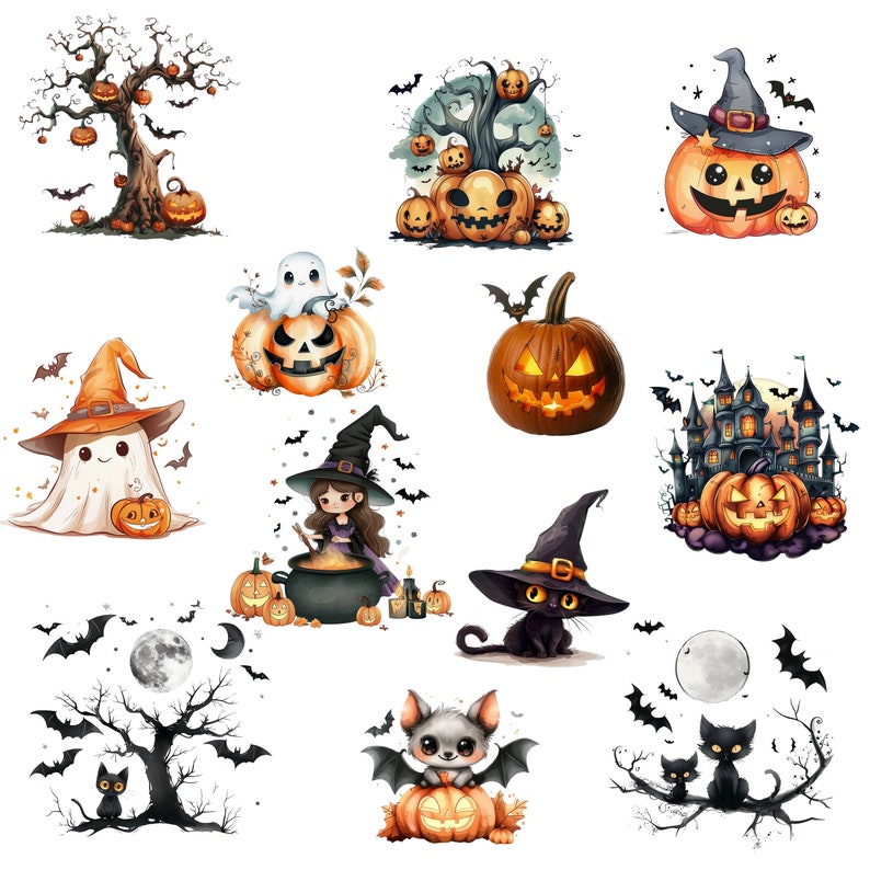 Watercolor Halloween Clipart, Spooky Ghost, Bat, Pumpkin (PNG) - Etsy