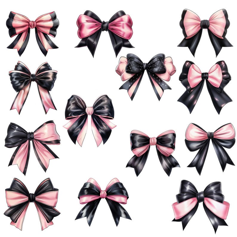 Watercolour Pink and Black Bow Clipart, Coquette Black Pink Bows ...