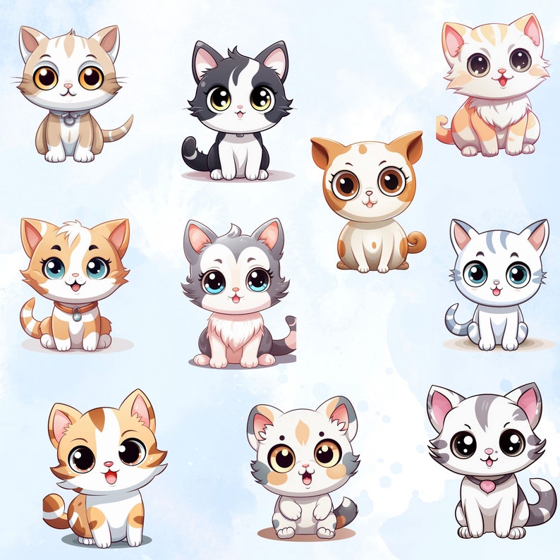 Cute Kawaii Cat Clipart Bundle, Cute Cat Breeds, Black Cat, Watercolor ...