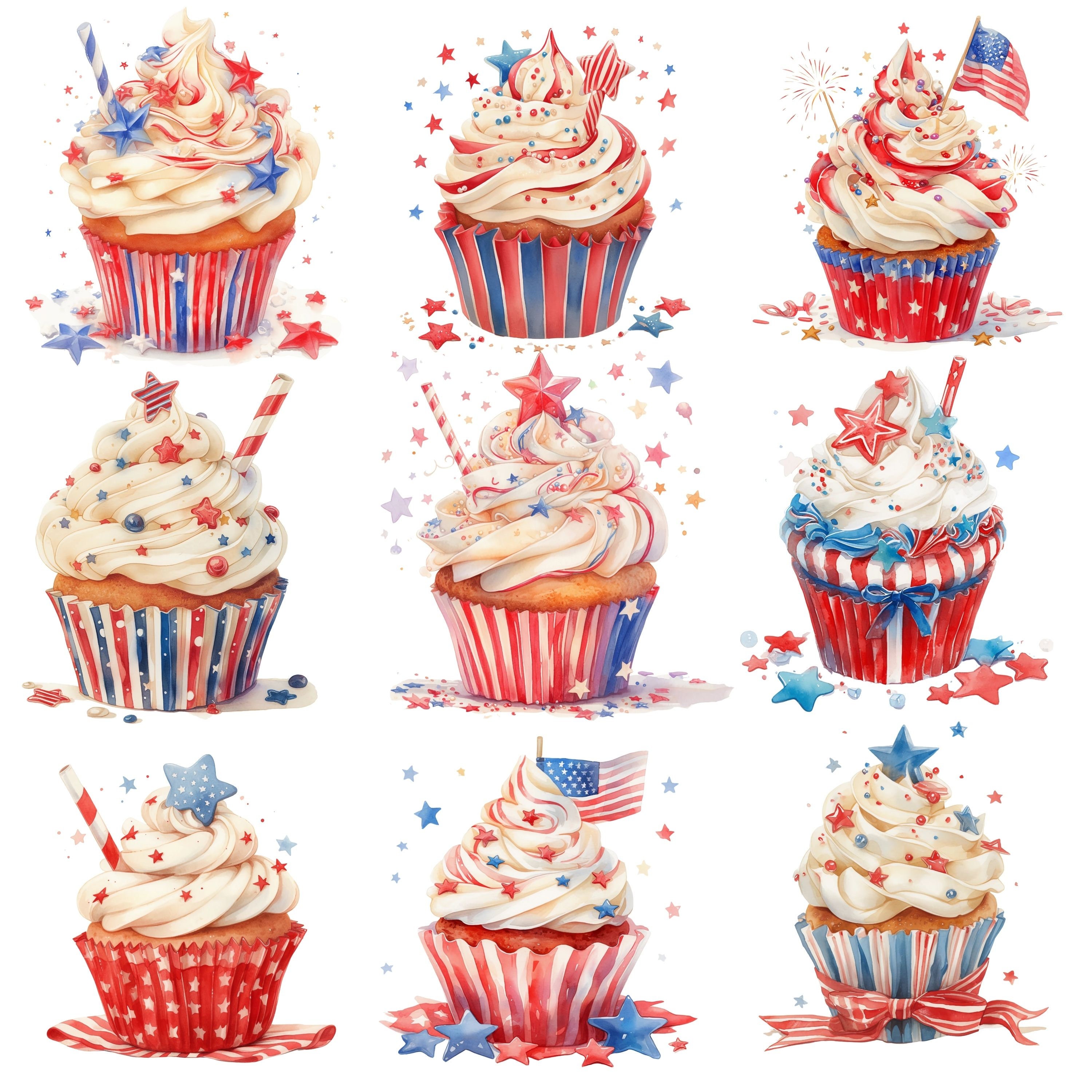 Patriotic Cupcake Clipart, 4th July Cupcakes Clipart Bundle, Red White ...
