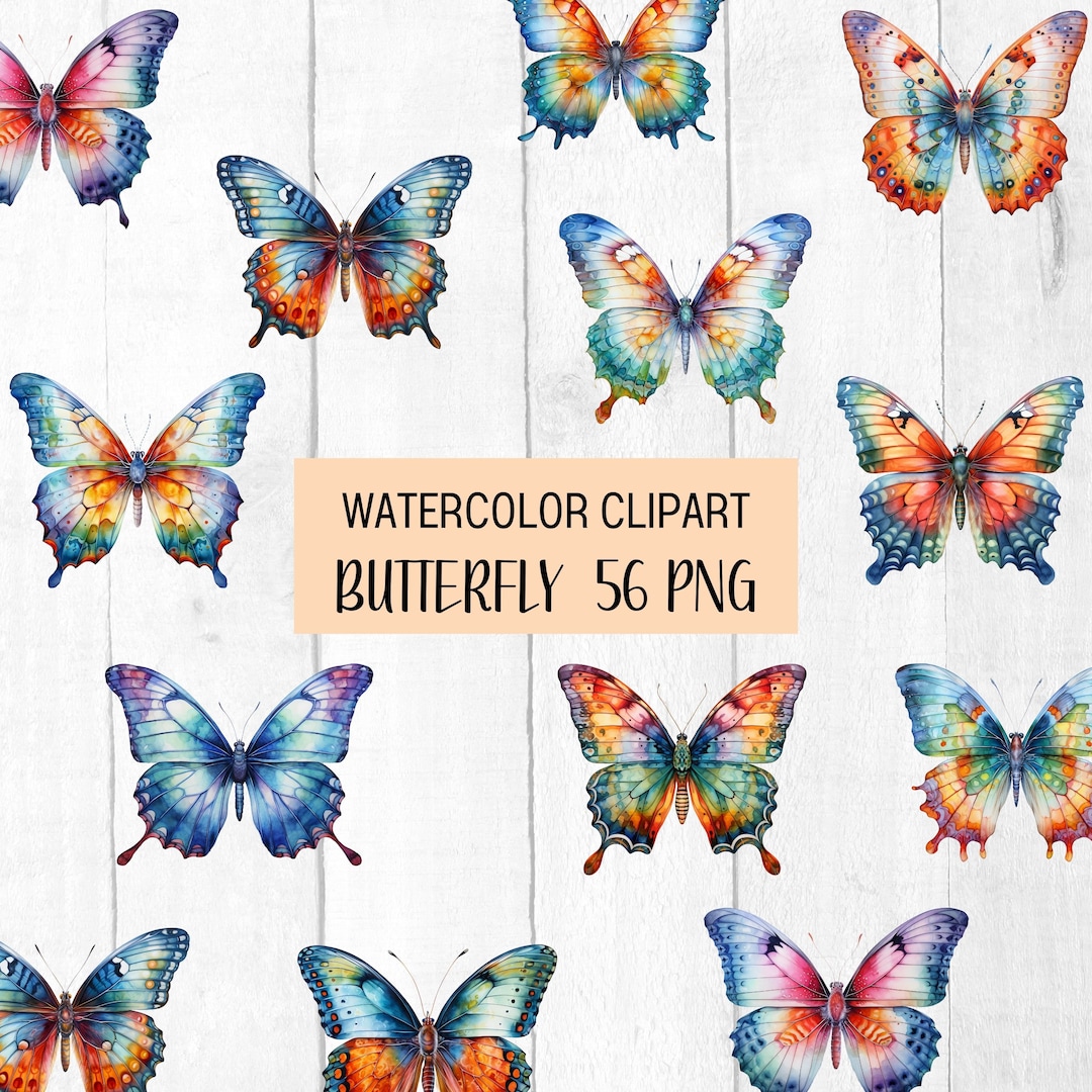 Watercolor Butterfly Clipart: 56 Colorful PNG Graphics (digital ...