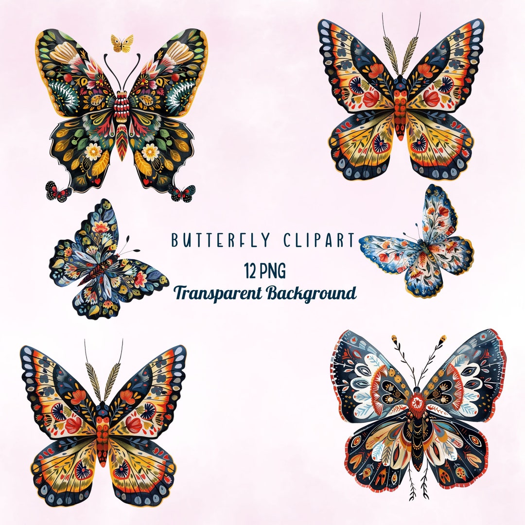 Boho Butterfly Clipart: Floral PNG Art, Junk Journal (digital Download ...