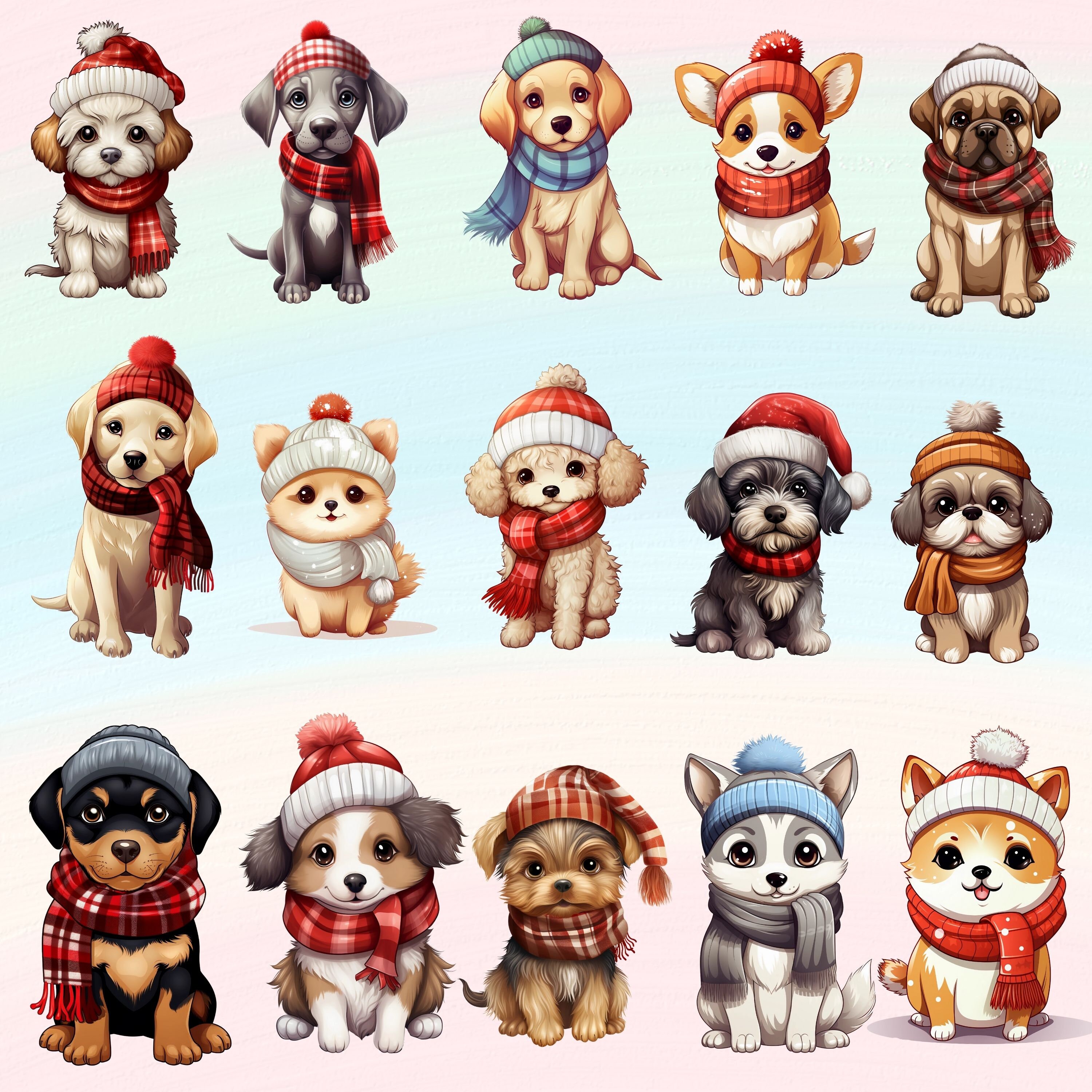 Kawaii Dog Clipart, Cute Puppy With Scarf and Hat, Cute Cartoon Winter ...