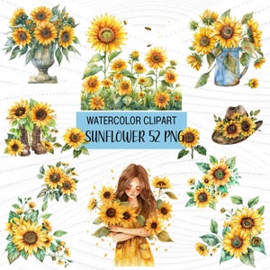 Watercolor Sunflower Collection Clipart, Fall Yellow Sunflower Floral ...