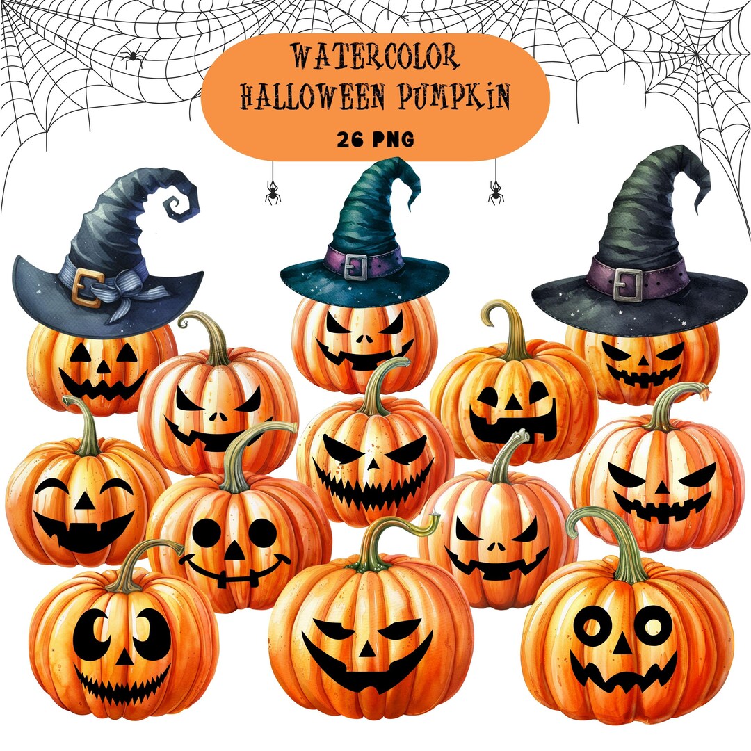 Watercolor Halloween Pumpkin Clipart: Spooky Jack O Lantern PNG ...