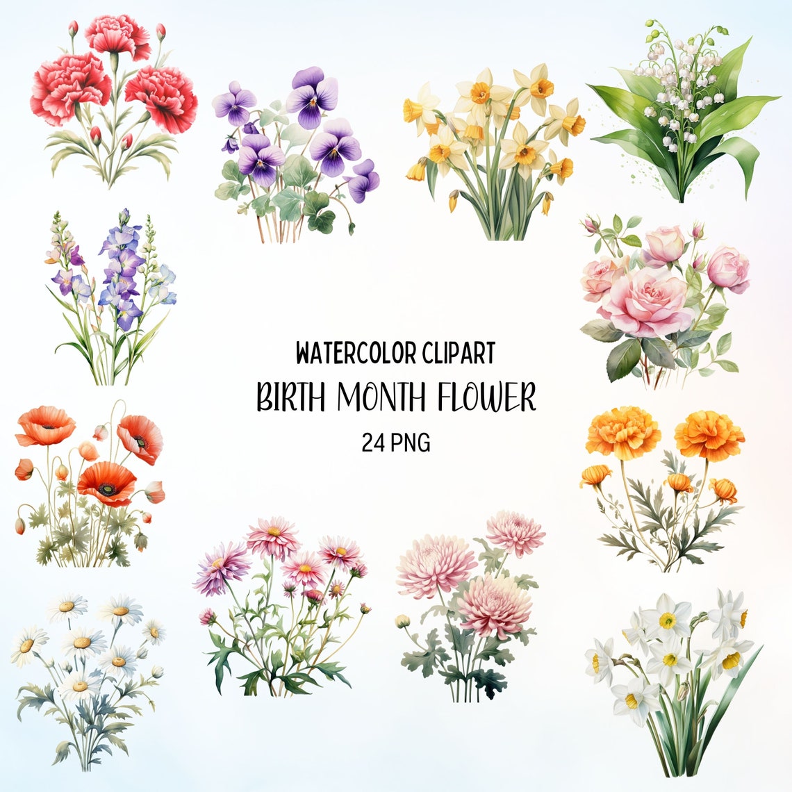 24 Watercolour Birth Month Flowers Clipart, Mother's Day Gift ...
