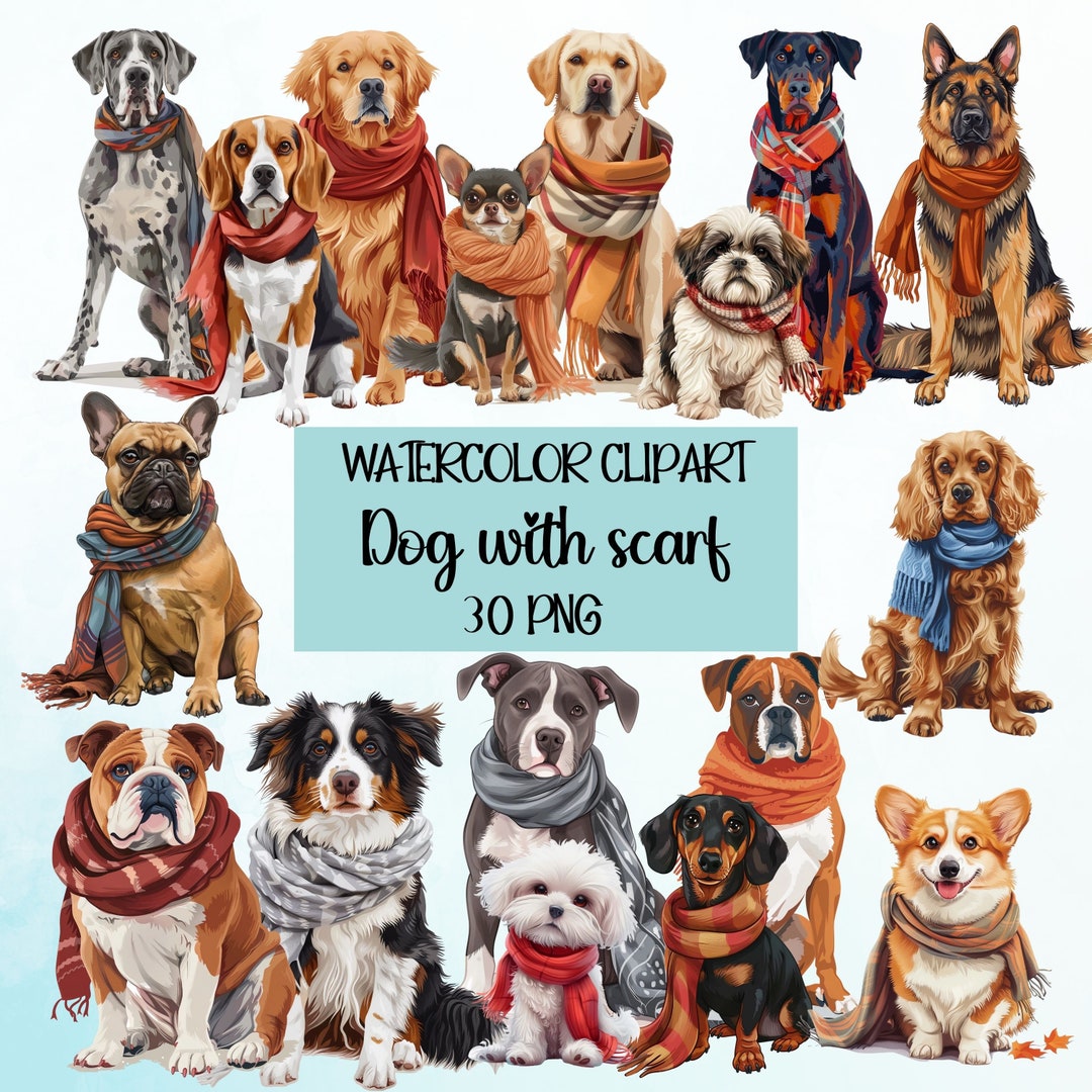 Dog Wearing Scarfs, Watercolor Winter Dog With Scarf Graphics, Animal ...