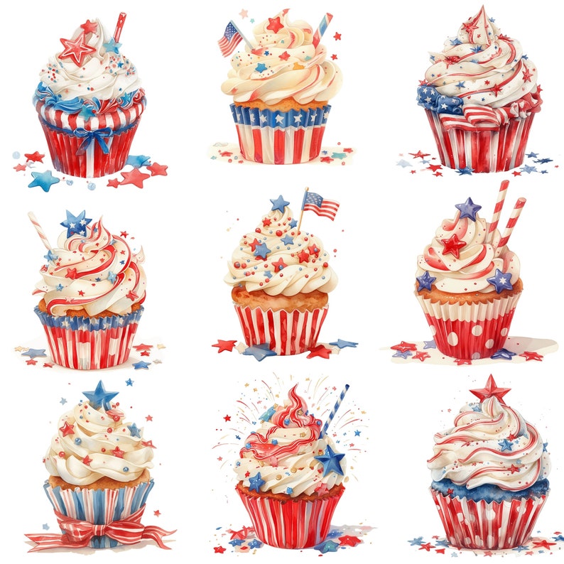 Patriotic Cupcake Clipart, 4th July Cupcakes Clipart Bundle, Red White ...