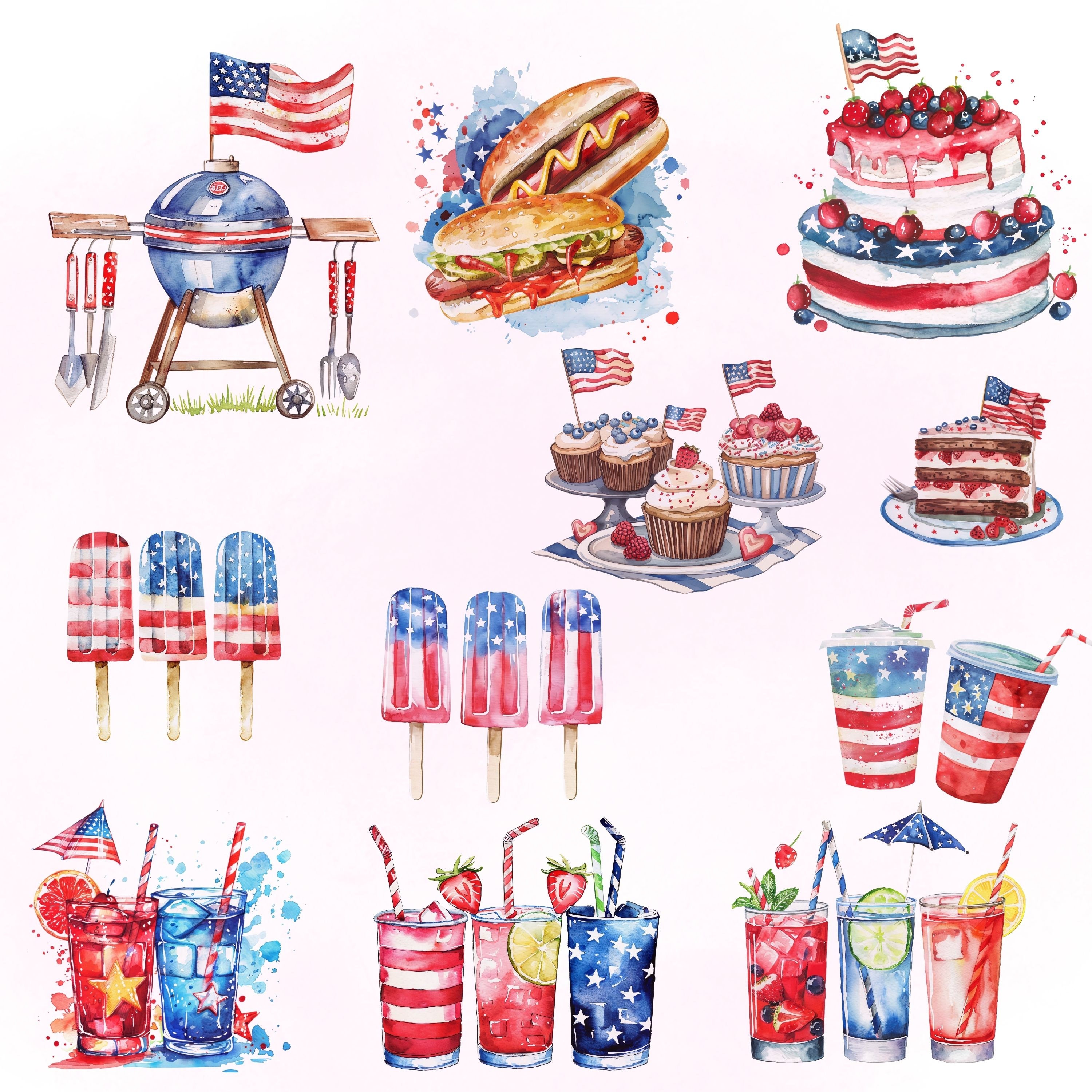 4th of July Clipart Bundle, Independence Day, Patriotic Watercolor ...