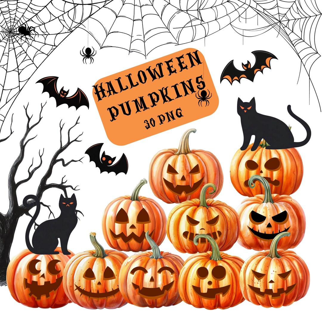 Halloween Pumpkin Watercolor Clipart, Halloween Clipart, Jack O Lantern ...