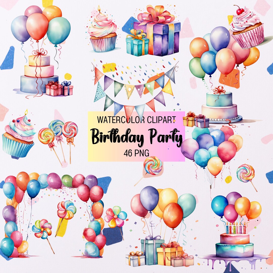 Watercolor Birthday Party Clipart: Cake, Balloons, Presents (46 PNG) - Etsy