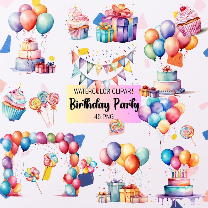 Watercolor Birthday Party Clipart: Cake, Balloons, Presents (46 PNG) - Etsy
