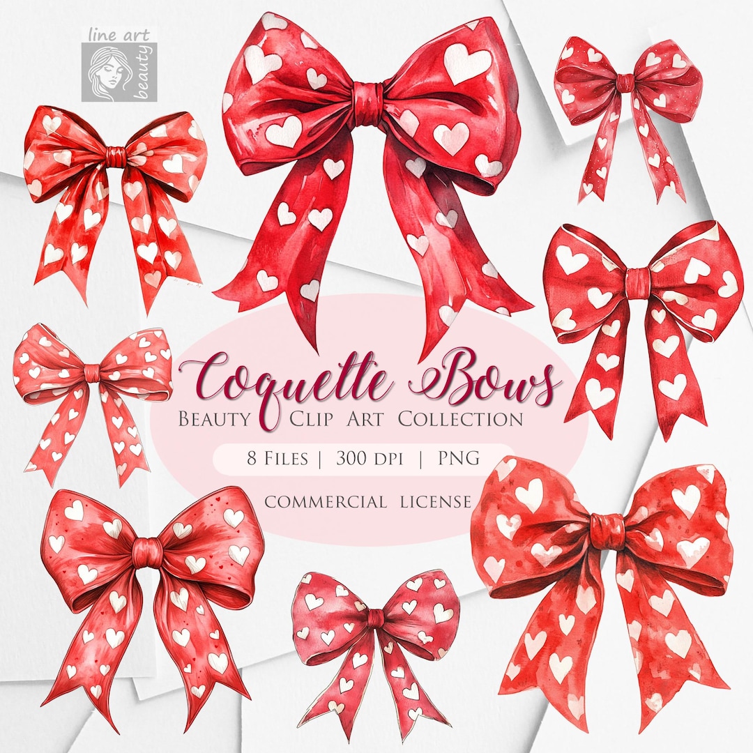 Valentines Day Clipart Bows With Hearts Bundle 8 Pieces in a Set Number ...
