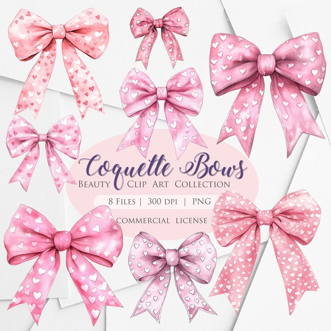 Valentines Day Cliparts Bows With Hearts Bundle 8 Pieces in a Set ...
