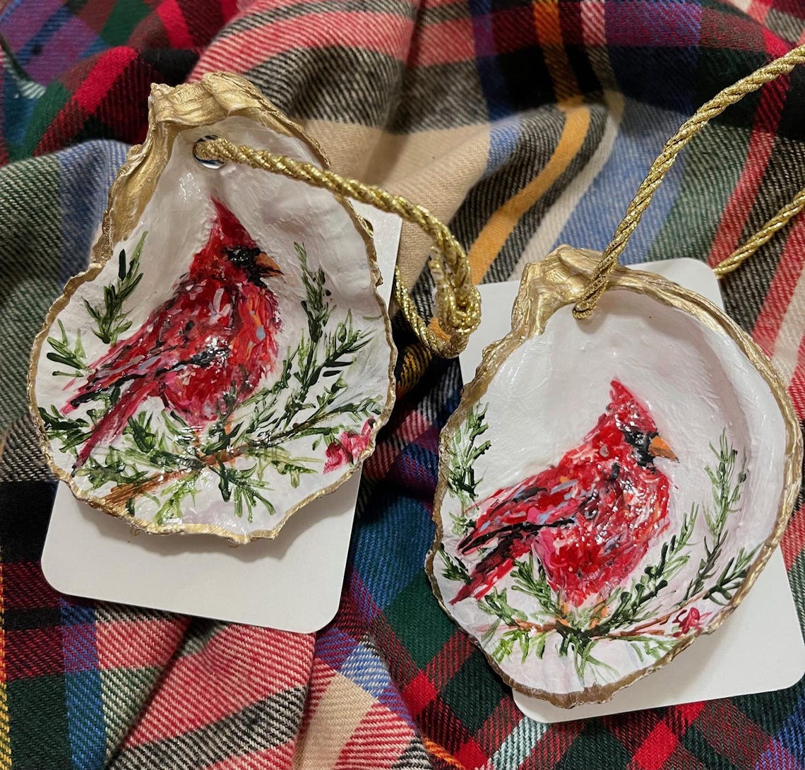 Hand Painted Cardinal Oyster Shell Ornament - Etsy