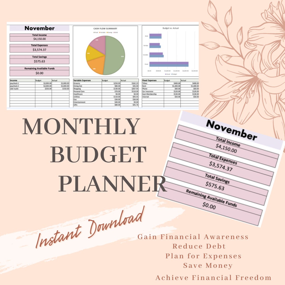 Monthly Budget Planner Monthly Budget Spreadsheet, Excel Budget ...