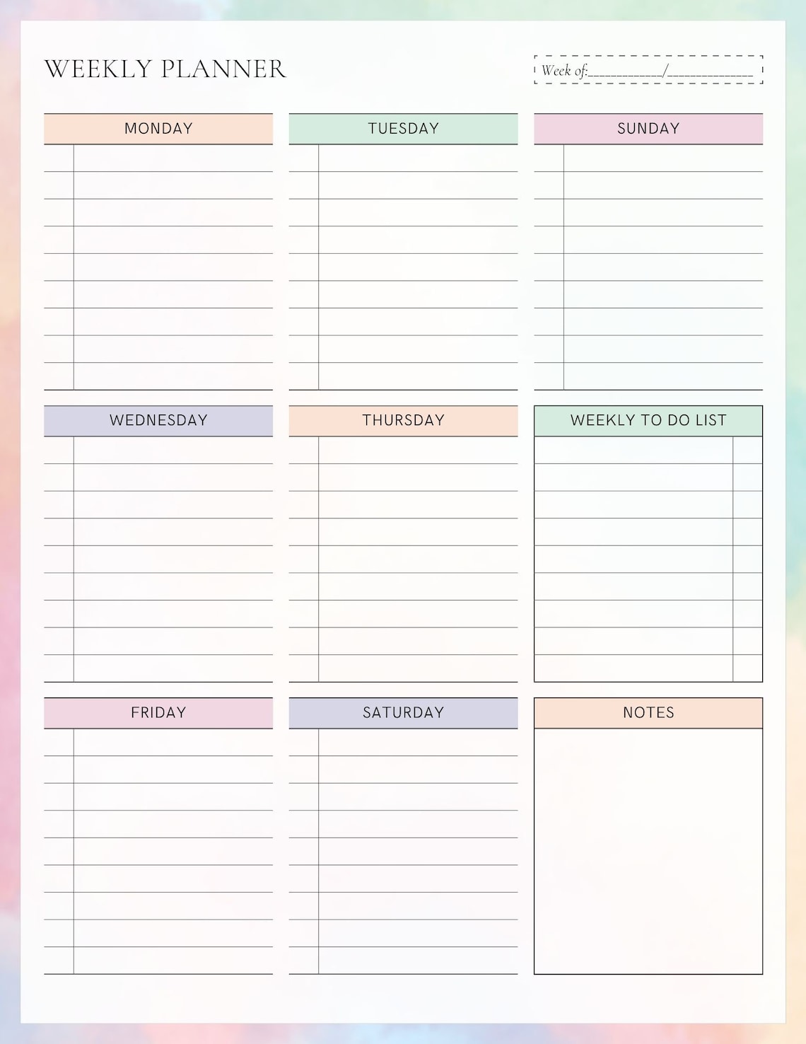 Weekly Planner Sheet; Instant Download, Digital Weekly Planner - Etsy
