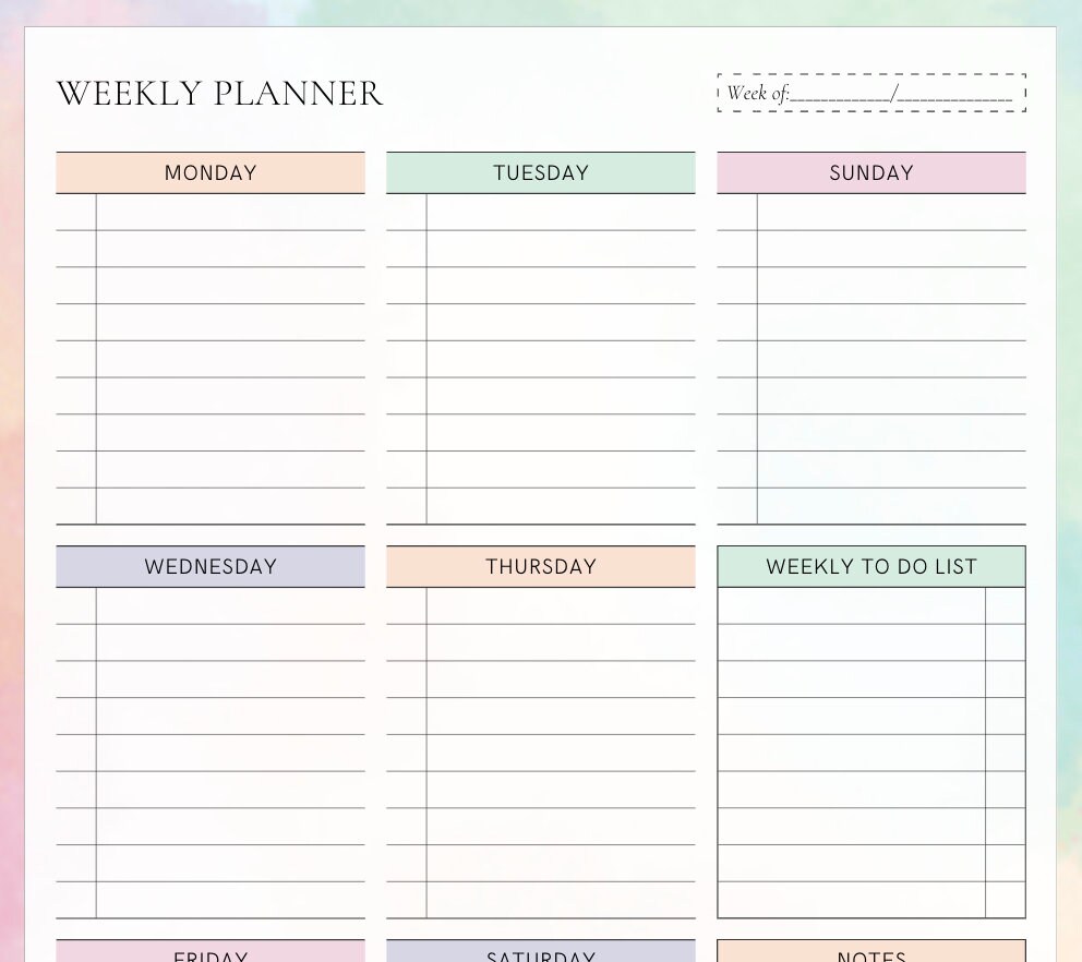 Weekly Planner Sheet Instant Download, Digital Weekly Planner - Etsy